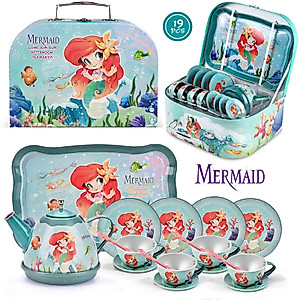 Lajeje Mermaid Tea Party Set for Little Girls, Kids Party Set Toys for 3 4 5 6 Year Old Girls, Pretend Toy Tin Tea Set & Carrying Case, Princess Tea Time Kitchen Play Toys, Birthday Gifts for Girls