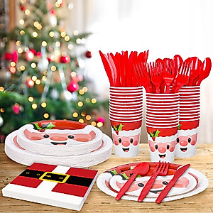 Whaline 175Pcs Christmas Party Tableware Set 7 and 9 Inch Santa Claus Paper Plates 6.5 Inch Santa Belts Napkins Cute Xmas Disposable Cups and Red Fork Spoon Knife Kit for Xmas Holiday Dinner Supplies