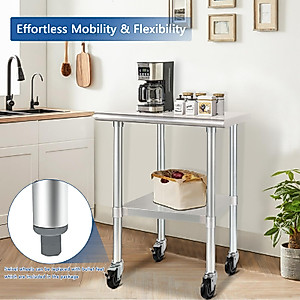 HARDURA Stainless Steel Table with Wheels 24 x 30 Inches Casters NSF Heavy Duty Commercial Work & Prep Table with Undershelf and Galvanized Legs for Restaurant Kitchen Bar and Hotel Garage