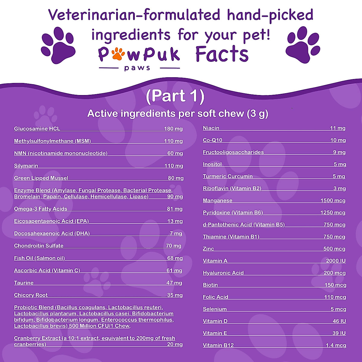 PawPuk Paws Multifunctional Dog Supplements and Vitamins, Silymarin, Green Lipped Mussel, Glucosamine, MSM, Salmon Oil, Probiotics, Co-Q10, NMN, Antioxidant, Immune, Gut, UTI, Radiant Skin & Coat