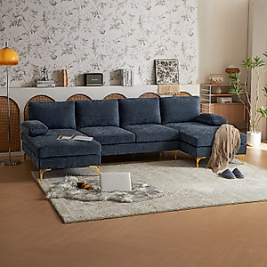 Karl home Convertible Sectional Sofa 110" U-Shape Sofa Couch 4-Seat Couch with Chaise ChenilleFabric Upholstered for Living Room, Apartment, Office, Grey-Blue