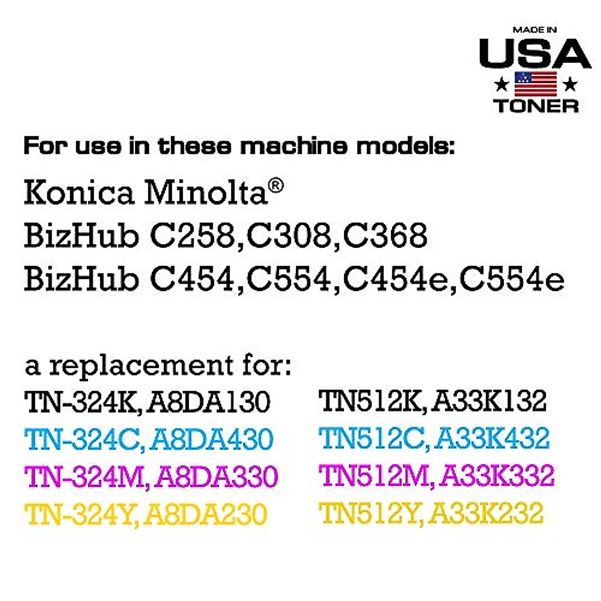 MADE IN USA TONER Compatible Replacement for use in Konica Minolta® bizhub C258, c308, c368, c454, c554, C454e, C554e Universal (TN-324K/C/M/Y, TN-512C/M/Y/K) (Black,Cyan,Yellow,Magenta, 4-Pack)