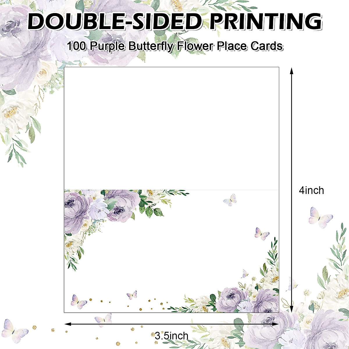 Whaline 100Pcs Floral Butterfly Place Cards 2 x 3.5 Inch Watercolor Purple Flower Tented Cards Table Name Sign for Party Banquet Reception Table Setting Supplies
