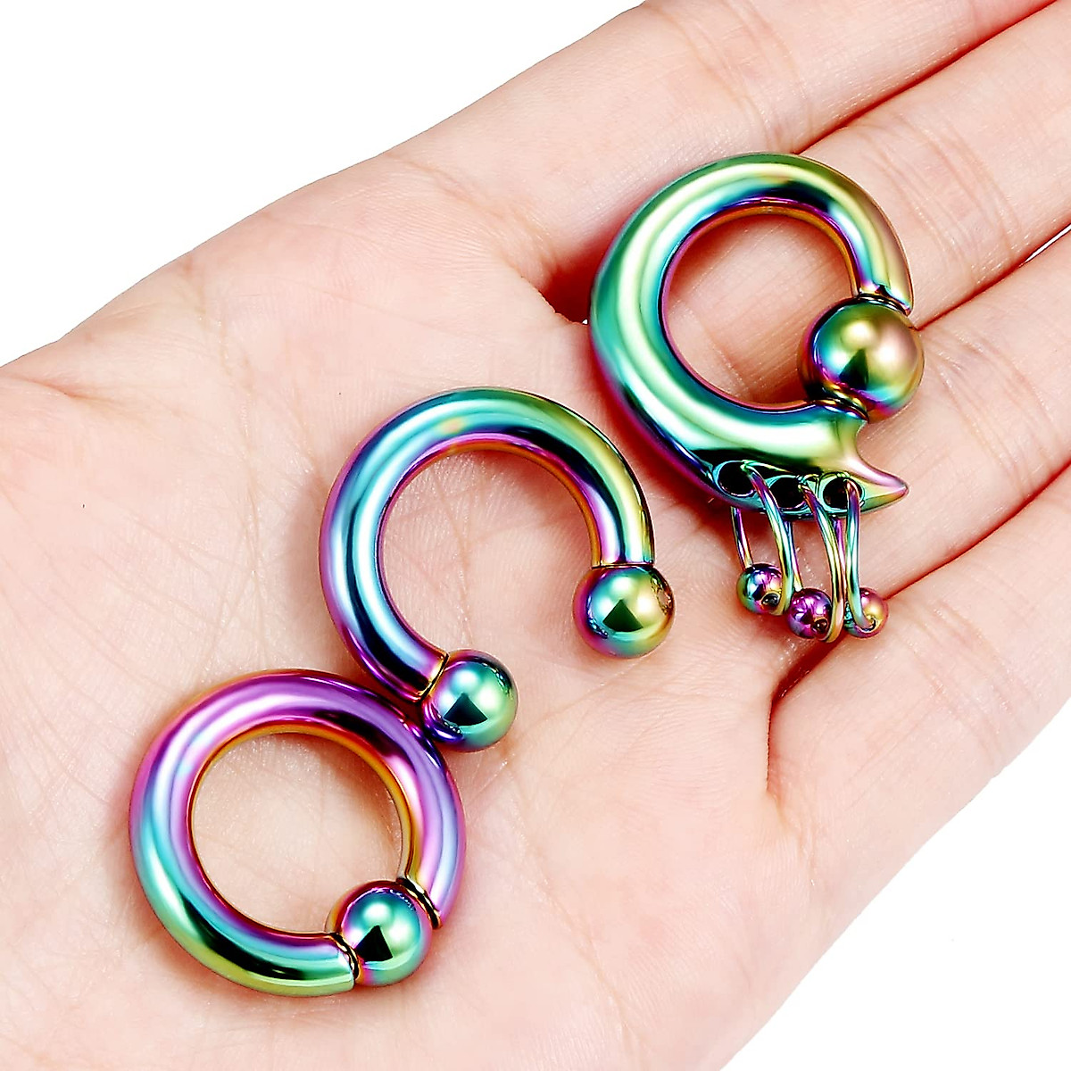 4G Earrings Internally Threaded Circular Barbells Horseshoe PA Rings Captive Bead Rings Dangle Spring Action CBR Surgical Steel Monster Screwball Rings Body Piercing Rings for Women Men Rainbow