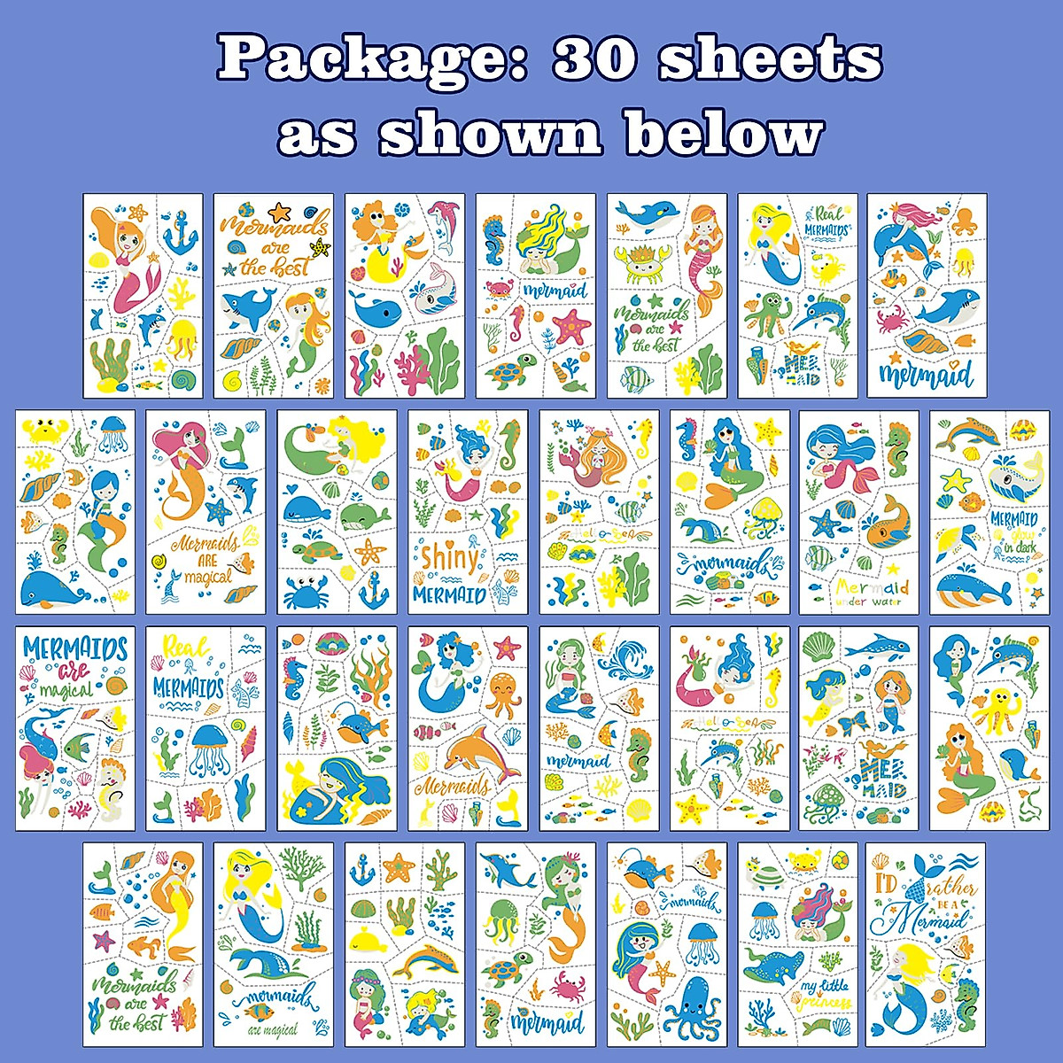 Mermaid Glow in the Dark Tattoos for Kids, 300+ Designs UV Neon Fake Temporary Tattoo, Ocean Creatures & Animal, Latest 6 Luminous Colors Stickers Party Supplies