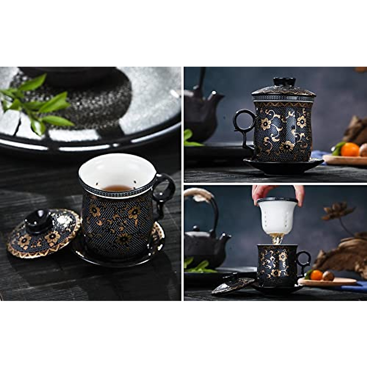 Tea Talent Porcelain Tea Cup with Infuser Lid and Saucer Sets - Chinese Jingdezhen Ceramics Coffee Mug Teacup Loose Leaf Tea Brewing System for Home Office