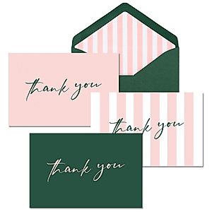 AZAZA Thank You Cards with Envelopes Striped Design 48 Pack, 4x6 Inch Thank You Cards Bulk Baby Shower Girl, Wedding Thank You Cards Green and Pink, Blank Thank You Notes for Bridal Shower