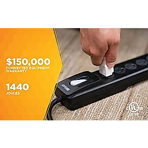 Woods 41496 Surge Protector With Safety Overload Feature 7 Outlets And 10 Ft Cord For 1440J Of Protection, Black