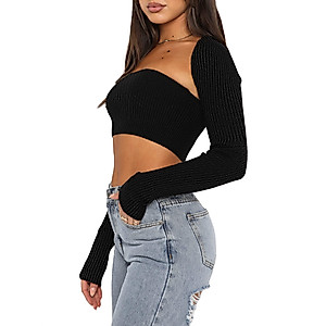Remidoo Women's Bolero Top Rib Knit Open Front Sexy Long Sleeve T Shirt Crop Tops Black Small