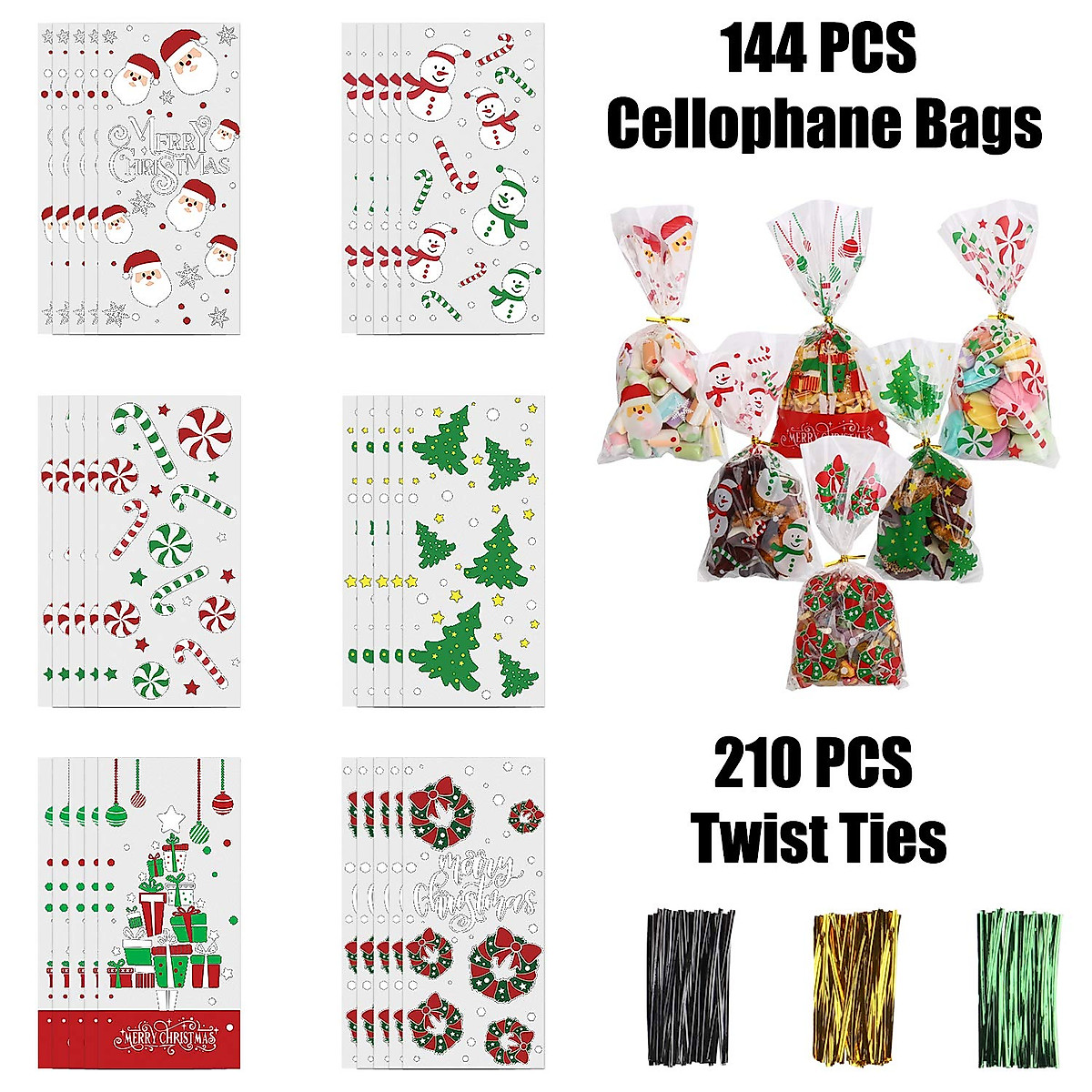 STEFORD 144PCS Christmas Cellophane Bags,Xmas Clear Candy Treat Cellophane Bag with 210PCS Twist Ties for Christmas Party Favors