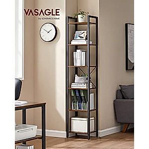 VASAGLE 6-Tier Tall Bookshelf, Narrow Bookcase with Steel Frame, Skinny Book Shelf for Living Room, Home Office, Study, 11.8 x 15.7 x 73.8 Inches, Industrial Style, Rustic Brown and Black ULLS101B01