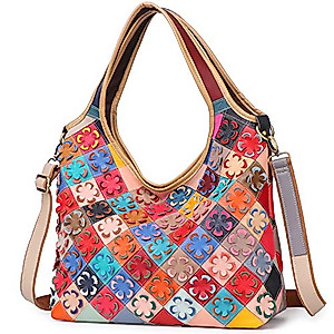 Segater Womens Multicoloured Handbag Genuine Leather Purses Colorful Flower Stitching Shoulder Bag Vintage Tote Satchels