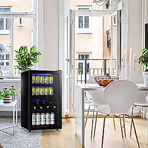 WANAI Beverage Refrigerator Cooler Fridge Glass Door 100Can Beer Fridge Cooler Drinks Wines Juice Soda Cooler Adjustable Shelves Blue LED Lights Temp Control for Home Office Dorm 3.2 Cu. Ft Shelves Blue LED Lights Temp Control for Home Office Dorm Bar 3.2