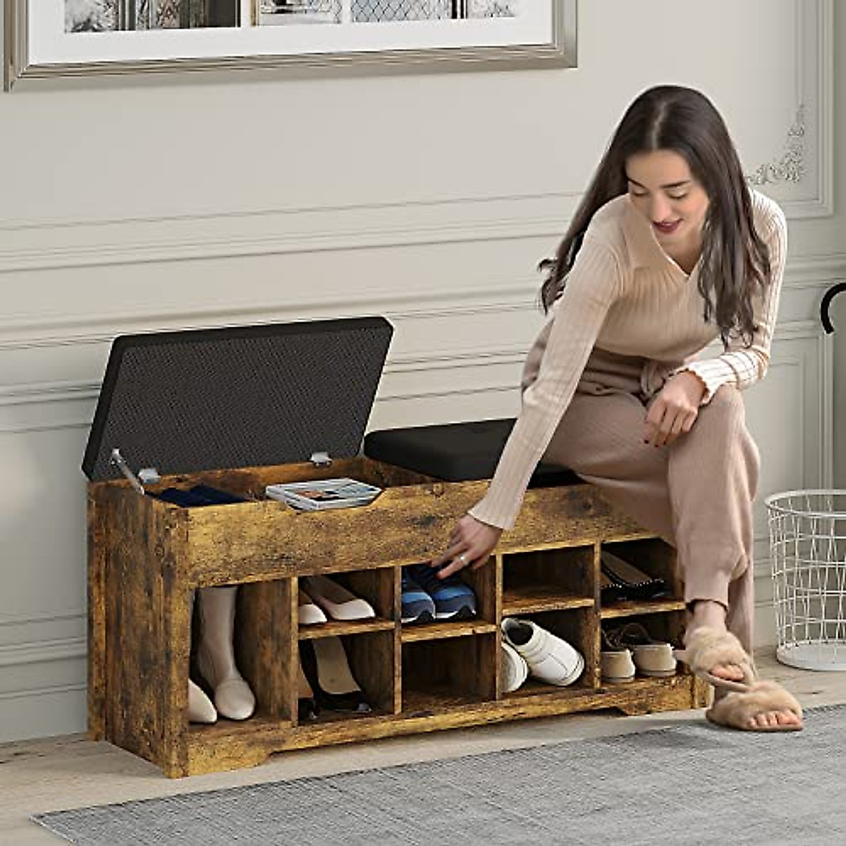 Hasuit Shoes Bench, Entryway Bench with Storage, Shoe Rack with 2 Lift Top Storage Boxes and 10 Compartments, Shoes Organizer for Entryway, Bedroom, Length 41.3‘’(Accent Brown)