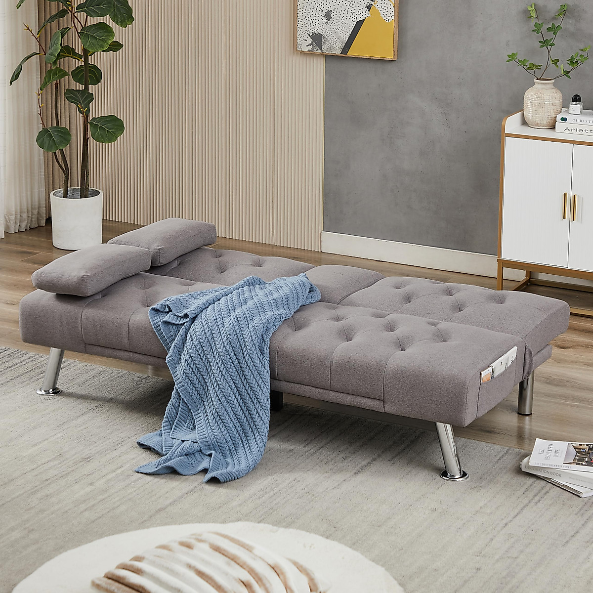 OUUI Futon Sofa Bed Modern Couches for Living Room Convertible Recliner Sleeper Sofa Loveseat with 2 Cup Holders, Removable Armrests (Light Gray)