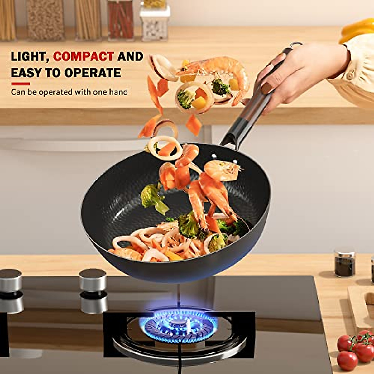 Iron Wok and Stir Fry Pans,11 inch Carbon Steel Pan Pure Hand Hammered Woks Uncoated Non-Stick Cast Iron Wok Chinese Wok Cookware Pan Kitchen Tools for Gas and Induction Cooker