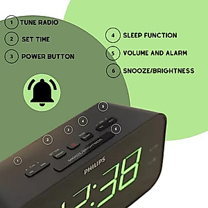 Philips Digital Alarm Clock Radio, FM Radio Alarm Clocks for Bedrooms, Dual Alarm Clock Radios for Bedroom with Battery Backup, Sleep Timer Function, Easy Snooze and Large LED Display - Black