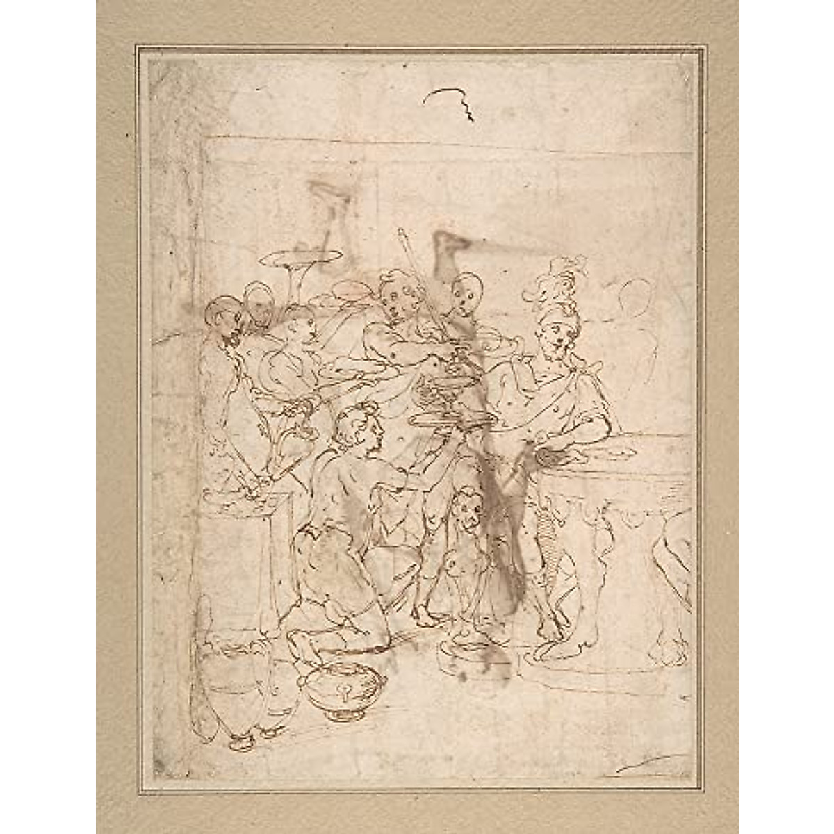 ArtDirect Cesare Nebbia 15x18 Black Ornate Frame and Double Matted Museum Art Print Titled: Banquet Scene; a Seated Warrior Attended by a Number of Servants (1536-1614)