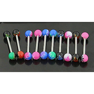 14Gx9/16 (1.6x14MM) 316L Surgical Steel Straight Barbell with 5MM UV Flame Ball Tongue Piercing Rings - 10 Pieces Assorted Color as Show