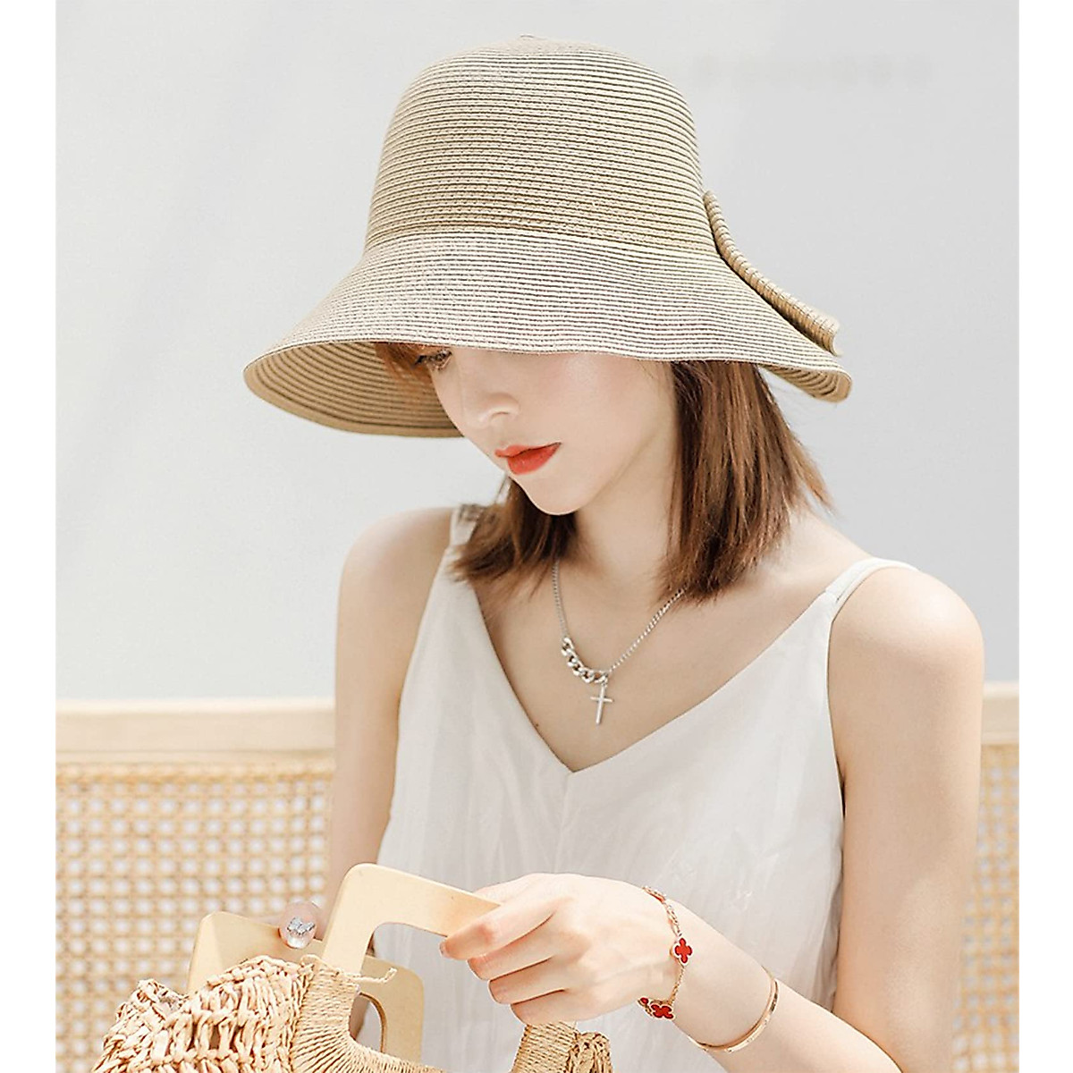 Womens Wide Brim Slit Sun Hat Bow Knot Summer Straw Sun Hats for Women (Beige)