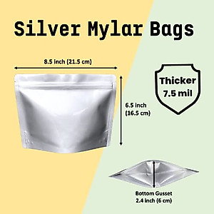 50 Pack 7.5 Mil Stand Up Bags - Resealable Smell Proof Bag withstand Hot Water for Meal Ready to Eat, Camping, Hiking - Foil Sealable Zipper Pouch for Food Storage (8.5x6.5 Inches, Glossy Silver)