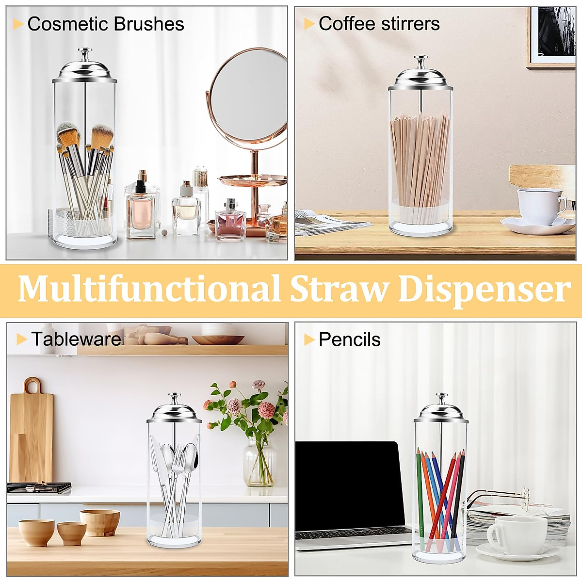 Mevtok Straw Holder for Standard Size Drinking Straws, Mevtok Acrylic Plastic Straw Dispenser for Counter with Lid (Straws Not Include)