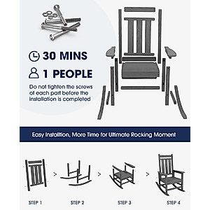 KINGYES HDPE Outdoor Rocking Chair, All Weather Use Porch Rocker, Heavy Duty Outdoor Rocking Chair for Adult, Gray