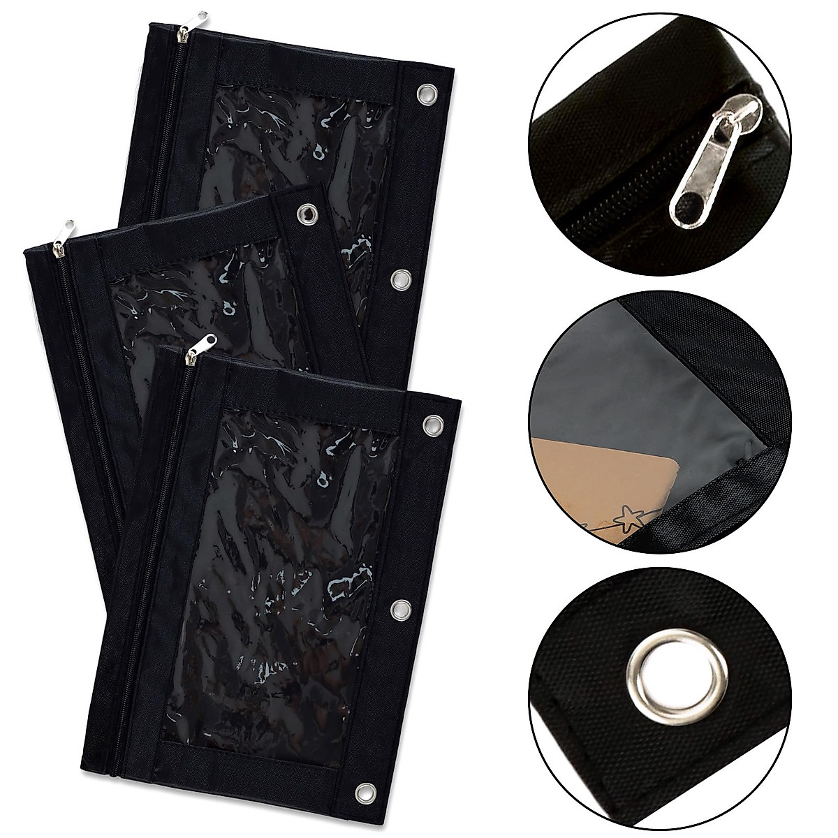 EOOUT 3 Pack Pencil Pouches for 3 Ring, Binder Pencil Pouches with Clear Window Zipper Pencil Cases for Binder (Black)