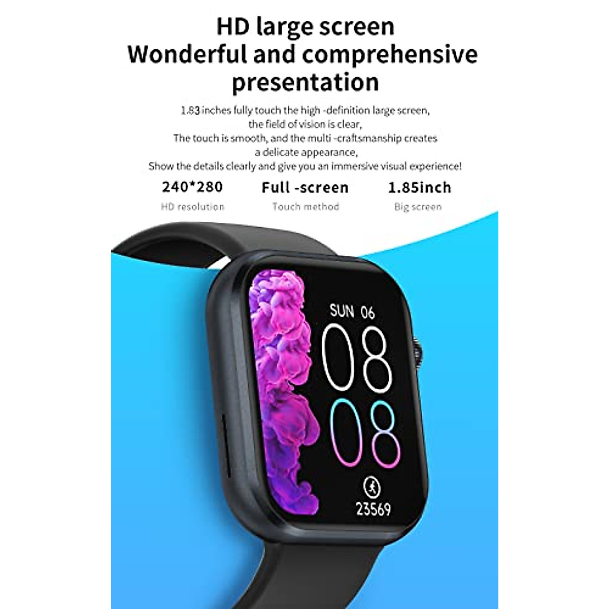 Smart watch, answer/dial phone, 1.83 inch fitness tracker, applicable to Android, IOS, sleep monitoring with blood pressure and blood oxygen, IP68 waterproof, applicable to men and women（Black）