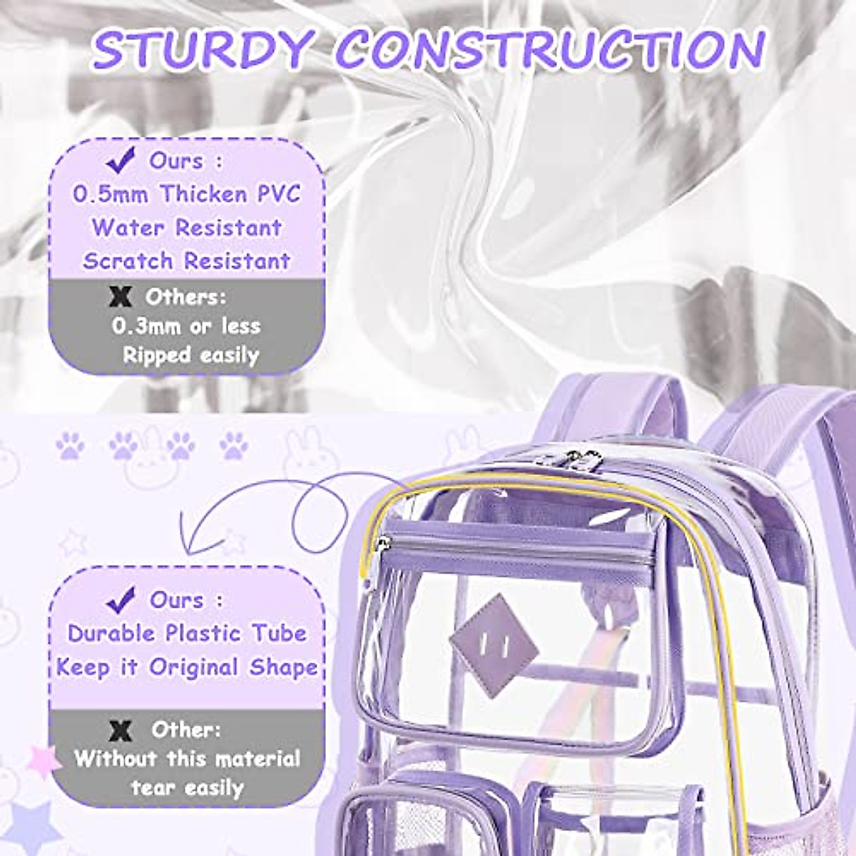 PIG PIG GIRL Clear Backpack Stadium Approved, Heavy Duty PVC Transparent Book Bag for Girls See Through Backpack for School for Women for College Work Travel Festival,Purple