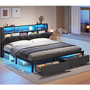 HAUOMS Queen Bed Frame with Storage Headboard, Platform Bed Frame Queen Size with LED Light, 2 Drawers and Type-C & USB Charging Station, No Box Spring Needed, Sturdy and Practical, Dark Grey