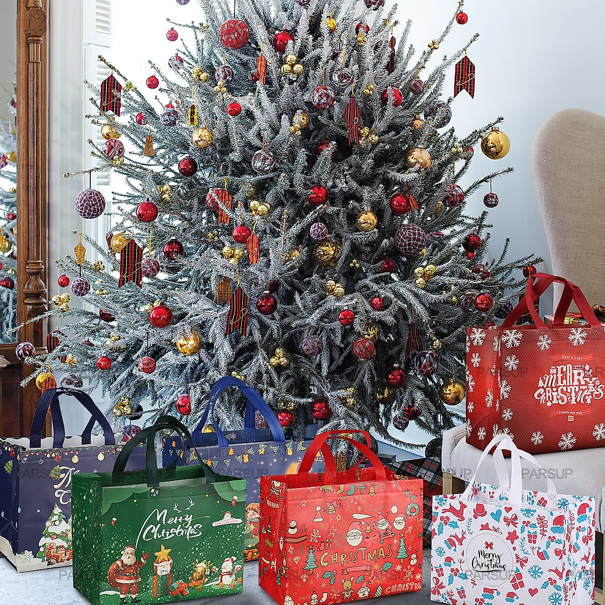 PARSUP 24PCS Christmas Reusable Grocery Bags,Tote Bags with Handles, Treat Bags, Multifunctional Non-Woven Bags for Gifts Wrapping Shopping, Xmas Party Supplies, 12.8×9.8×6.7inch