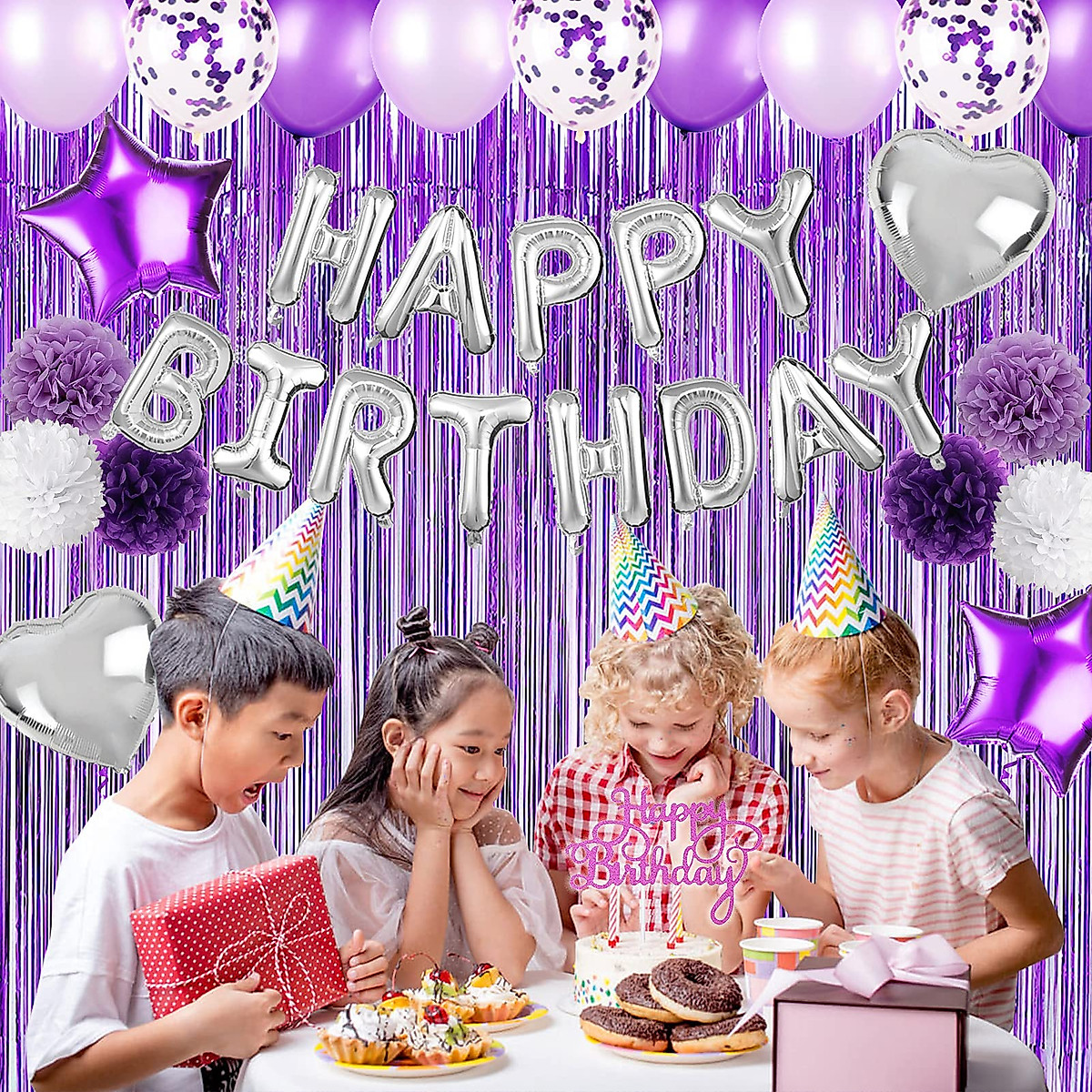 JOYYPOP Purple Birthday Decorations for Women or Girl,Purple Birthday Party Decorations with Happy Birthday Balloons,Happy Birthday Cake Topper, Paper Pompoms for Baby Shower Birthday Party