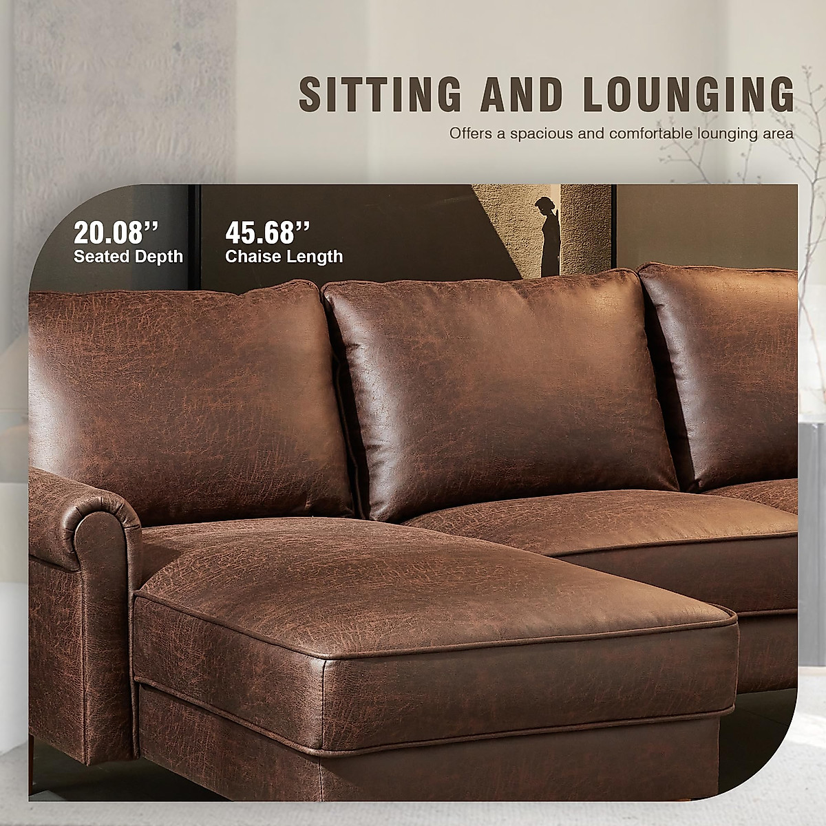 HOOOWOOO 81.51" L Shaped Couch Mid Century Modern Sectional Couch Brown Faux Leather Sofa with Left Chaise 3-Seater Rolled Arms Solid Wood Frame for Living Room Apartment,Chocolate Brown