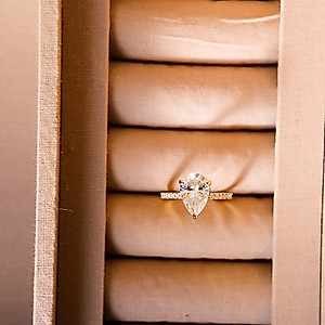 espere 14K Yellow Gold Paved Band 3 Carat Moissanite Pear-shaped Engagement Ring | 14K Solitaire Moissanite Gemstone Ring VVS (Size 6)