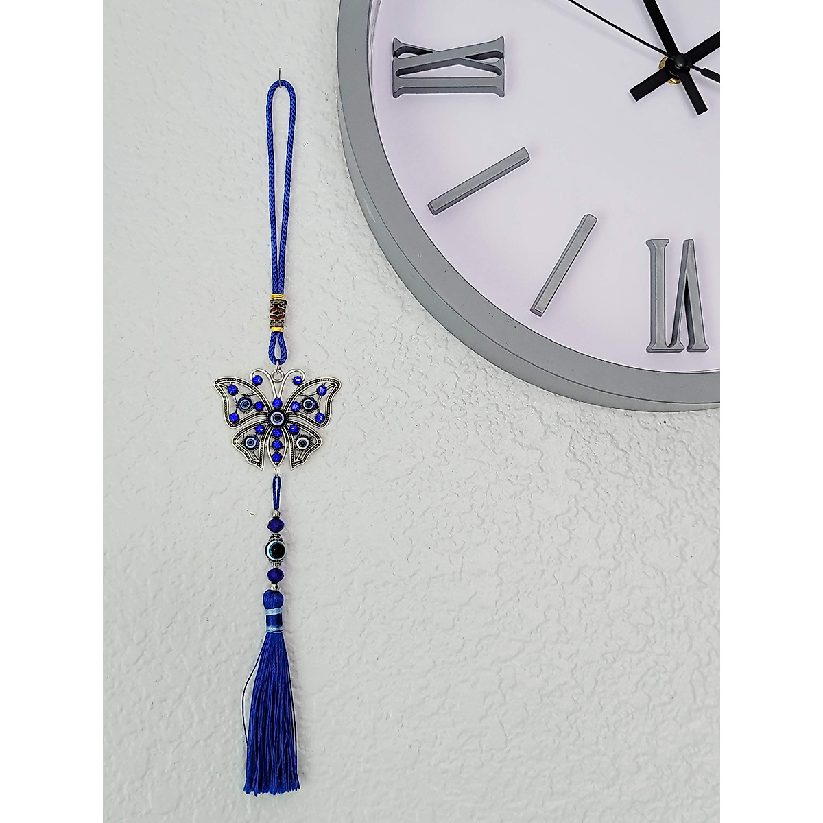 LUCKBOOSTIUM Center Evil Eye Butterfly Charms Pendant in Blue Crystal Stone w/Tassels for Good Luck & Protection Car Rear View Mirror Hanging Ornament Accessories Home Decor Charm