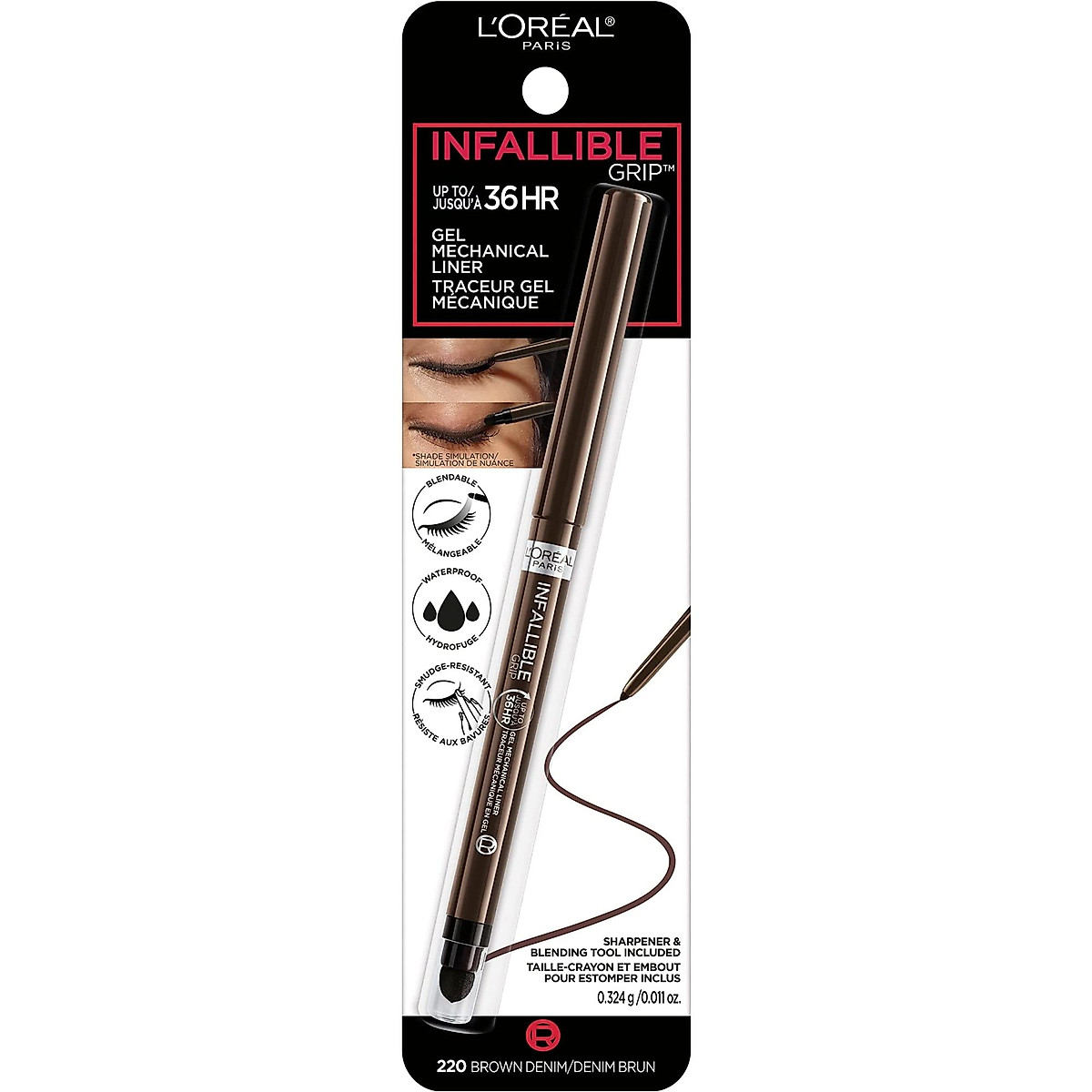 L'Oreal Paris Infallible Grip Mechanical Gel Eyeliner Pencil, Smudge-Resistant, Waterproof Eye Makeup with Up to 36HR Wear, Brown Denim, 0.01 Oz
