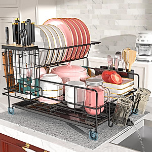 slhsy Dish Drying Rack, Stainless Steel 2-Tier Dish Rack with Cup Holder Utensil Holder Cutting Board Holder Knife Holder with Drainboard Black