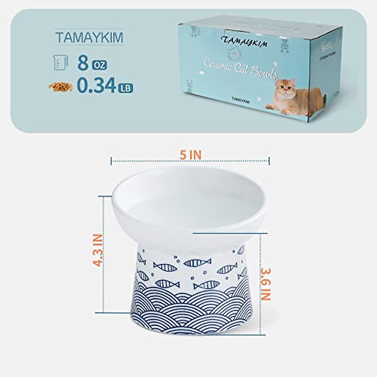 TAMAYKIM Tilted Ceramic Elevated Cat Bowls, Food and Water Raised Bowl Set for Kitty Cats and Small Dogs, Porcelain Elevated Stress Free Feeding Pet Bowl Dish, Set of 2