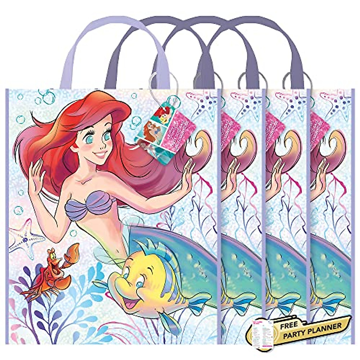 Unique Disney The Little Mermaid Party Totes 4 Count - Resuable Ariel Mermaid Bags for Gifts, Favors, Loot, Pass Out to Guests, Kids, Girls Dressup Birthday Decorations Supplies