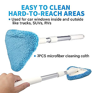 BITOPE Windshield Cleaning Tool, Car Window Cleaning Windshield Cleaner with Extendable Long Handle and 3pcs Washable Reusable Microfiber Pads, Car,Office, Auto Inside Glass Wiper Kit