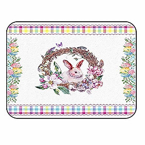 LBHAUSE Large Rectangle Area Rugs for Bedroom Living Room 4'x6', Happy Easter Area Carpet Non Slip Washable Floor Carpet Runner Throw Rug Dining Home Decor Bunny Spring Floral Wreath Plaid