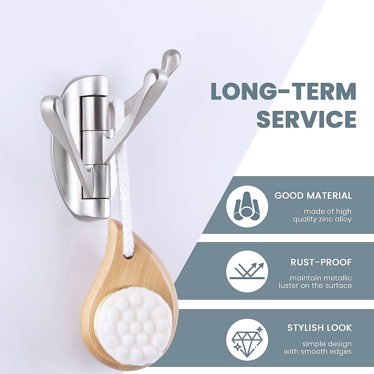 Suyar Brushed Nickel Bathroom Towel Hook, Solid Metal Robe Holder 3 Swivel Foldable Arms, Flexible Rotating Towel Hook for Hanging Coat Clothes, Wall Mounted