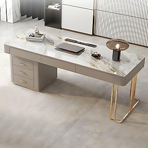 LAKIQ Modern Stone top Executive Desk with File Cabinet Storage Pedestal Home Office Desk Computer Desk Cable Management Rectangular Writing Table-Without Chair(55.1" L x 27.6" W x 29.5" H)