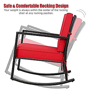 Tangkula Wicker Rocking Chair, Outdoor Glider Rattan Rocker Chair with Heavy-Duty Steel Frame, Patio Wicker Furniture Seat with 5” Thick Cushion for Garden, Porch, Backyard, Poolside (1, Red)