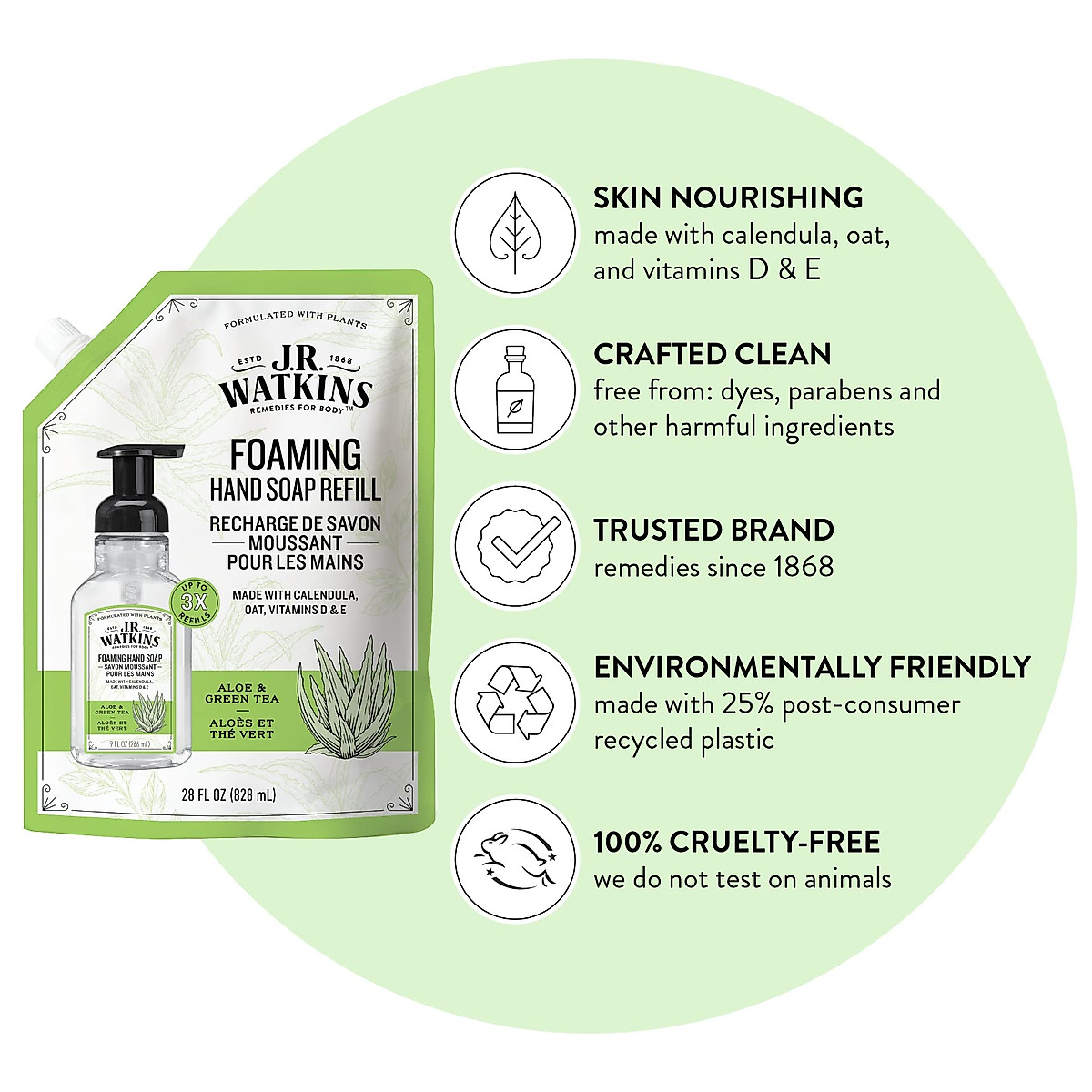 J.R. Watkins Foaming Hand Soap Refill, Moisturizing Foam Hand Wash, All Natural, Alcohol-Free, Cruelty-Free, USA Made, Aloe Green Tea, 28 fl oz, 3 Pack