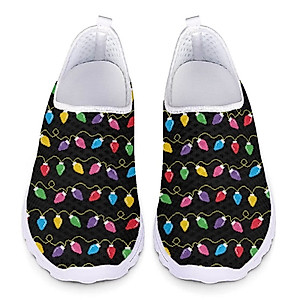 Biyejit Christmas Light Pattern Women Lightweight Slip On Tennis Shoes Non Slip Gym Workout Shoes Quick Dry Beach Water Shoes Xmas Flats