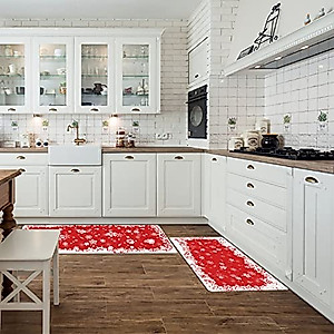 Christmas Snowflake 2PC Memory Foam Kitchen Mats Rectangle Water Absorbent Kitchen Rugs, Anti-Skid Floor Mat for Sink, Hallway 23.6x35.4in+23.6x70.9in Red White Texture Geometric Patterns