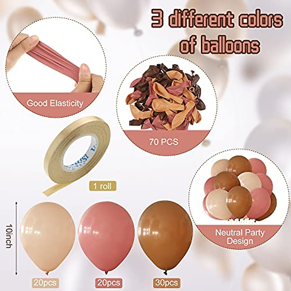 70 Pieces 10 Inch Boho Birthday Balloon Pastel Brown Balloon Cream Tan Brown Nude Ivory Blush Champagne Dusty Rose Balloon with 33 Feet Gold Ribbon for Birthday Party Baby Shower Decorations