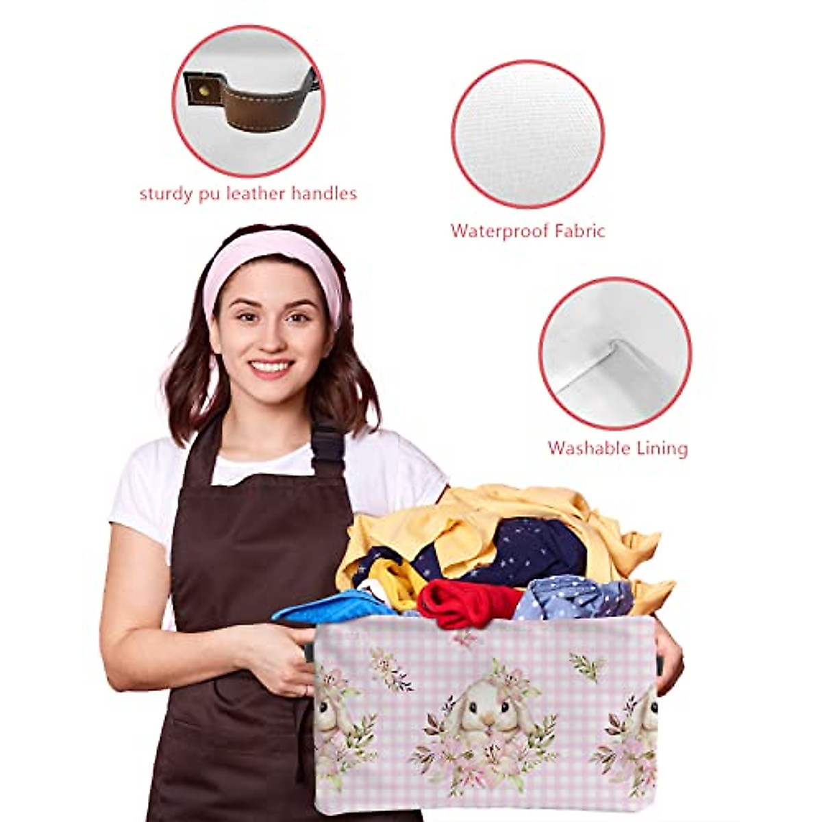 Easter Storage Bins with Handles, Bunny Spring Flowers Lop Rabbit Pink Plaid Storage Basket for Shelves, Cube Storage Organizer Bins for Toys, Closet (2 Pack, 15" x 11" x 9.5")